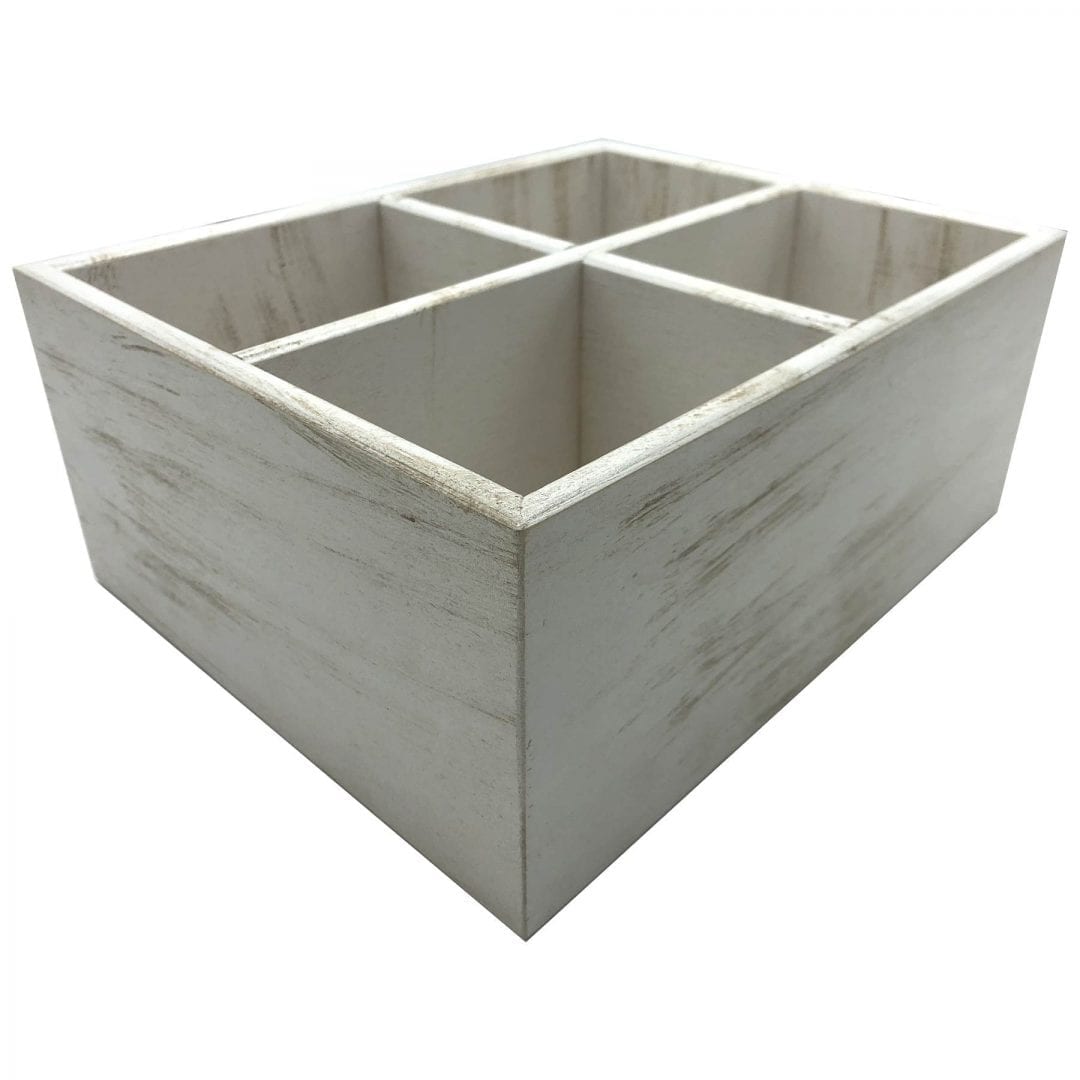 White Distressed Painted 4 Compartment Ply Cutlery & Condiment Holder